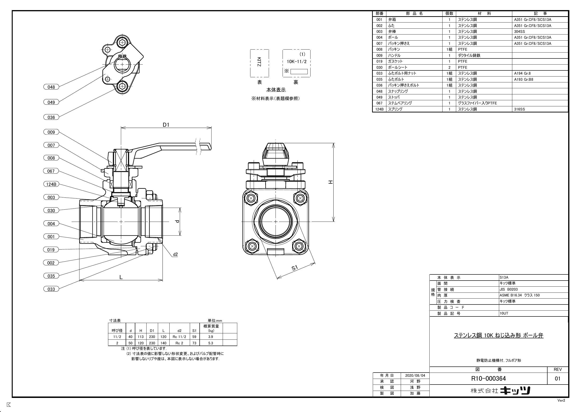 キッツ 10UT 50A 10UT SCS13A ボール弁 50A 配管部材 SUS ねじ込ボール弁 UT型 00000006330(CDC ...