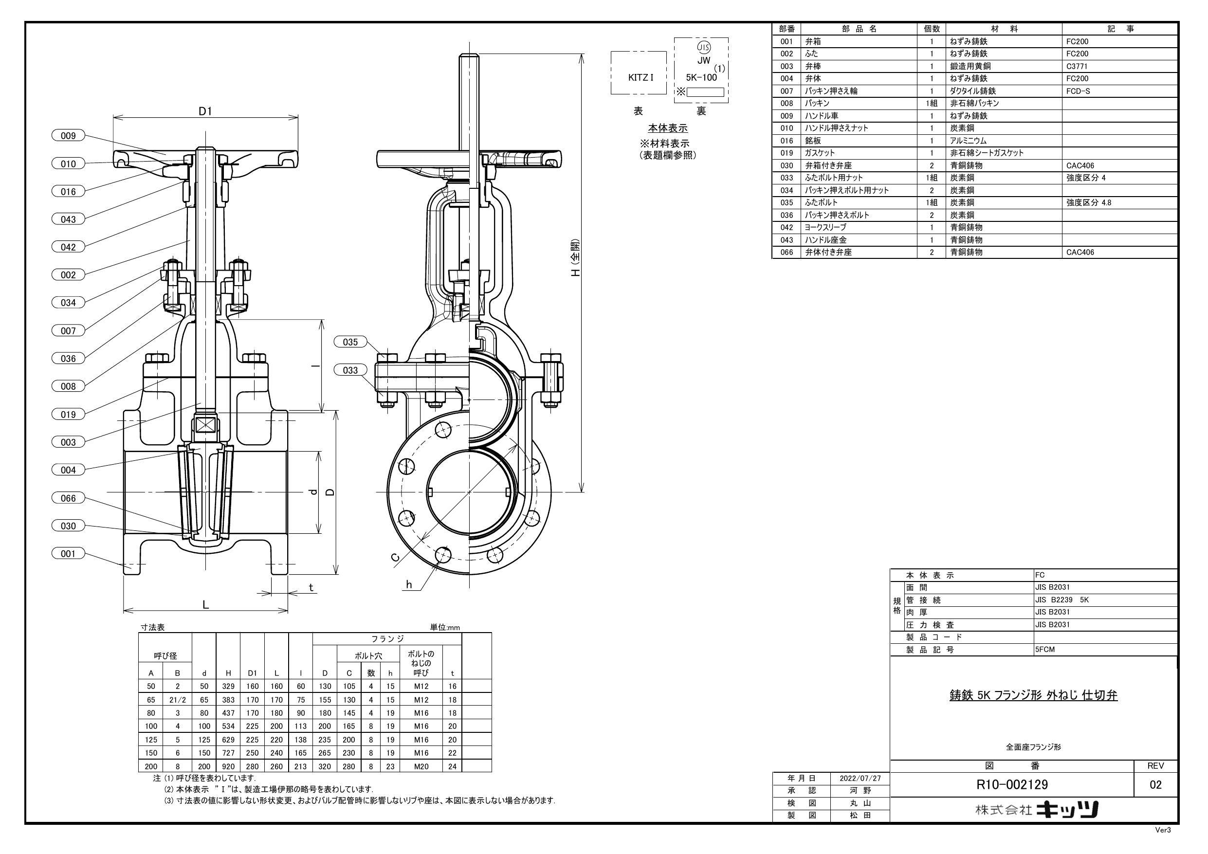 キッツ 5FCM 50A 5FCM FC要部CACゲート弁【JIS】 50A 配管部材 FC(一般品) 00000029506(CDC ...