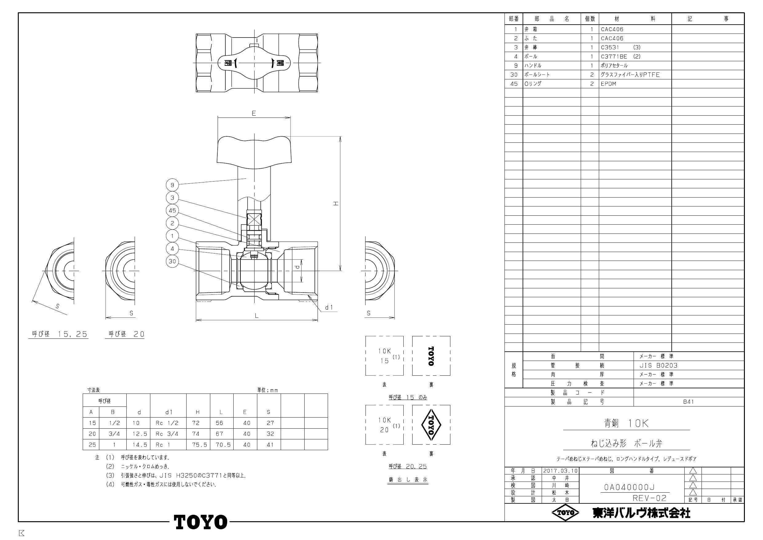 東洋バルヴ B41 15A B41 青銅10K機器付属用ボール弁【テーパめねじXテーパめねじ】 15A 配管部材 青銅 S･エコボール(B ...