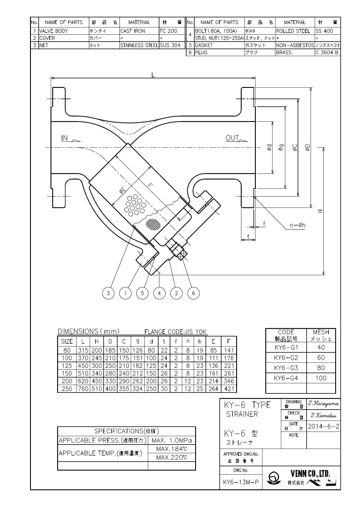 ベン KY6-G2 100A KY6-G2 FC Y形ストレーナ【フランジ･標準60メッシュ】 100A 配管部材 ストレーナ(標準 ...