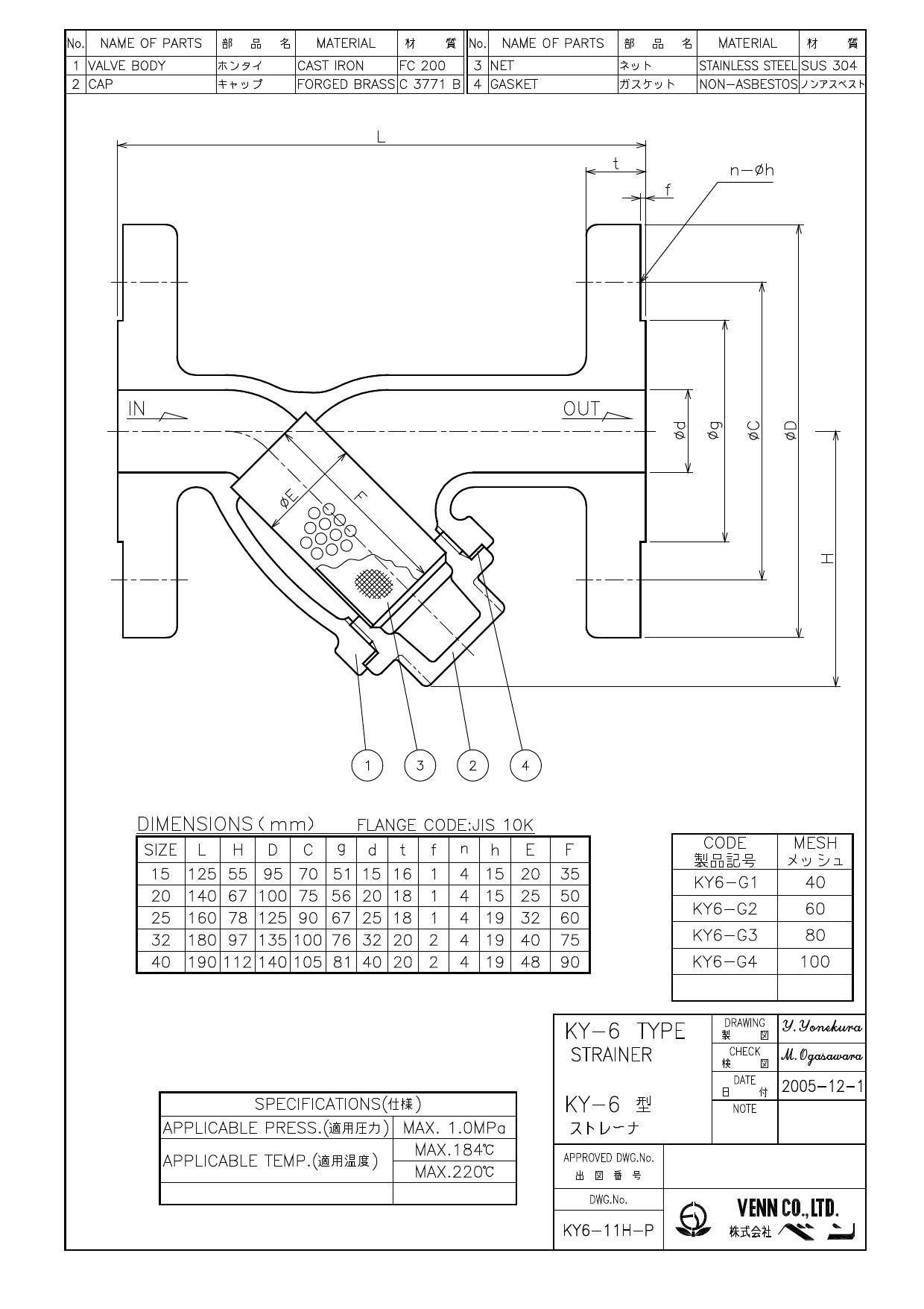 ベン KY6-G2 20A KY6-G2 FC Y形ストレーナ【フランジ･標準60メッシュ】 20A 配管部材 ストレーナ(標準 ...