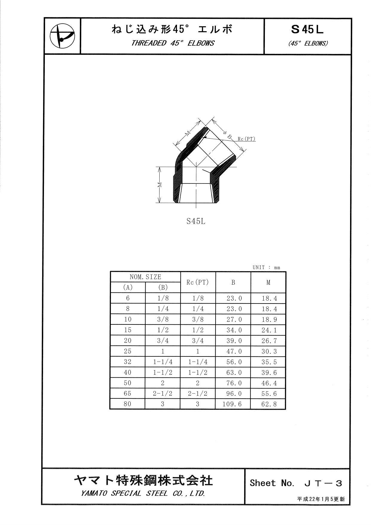 ヤマト特殊鋼 S25CPT-45L S25C ネジ込 高圧 45°エルボ 20A 配管部材 高圧鍛造継手(カーボン) 00000262312 ...