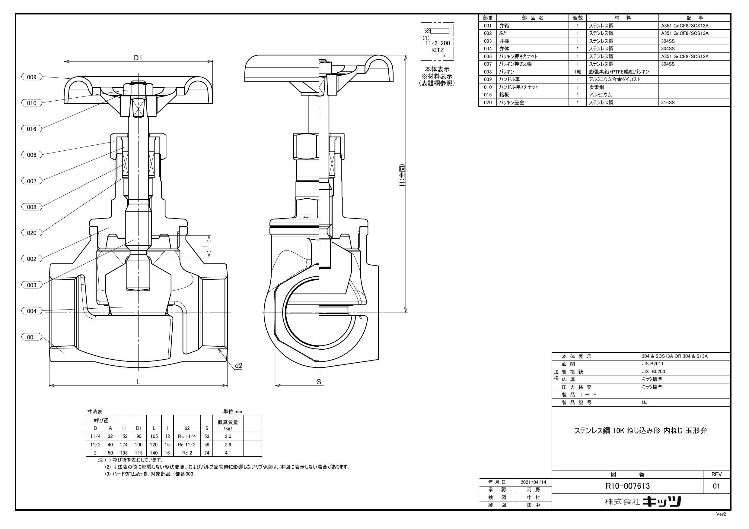 キッツ UJ 50A UJ SCS13A グローブ弁【10K】 50A 配管部材 SUS Bシリーズ 00000319742(CDC)【別送品 ...
