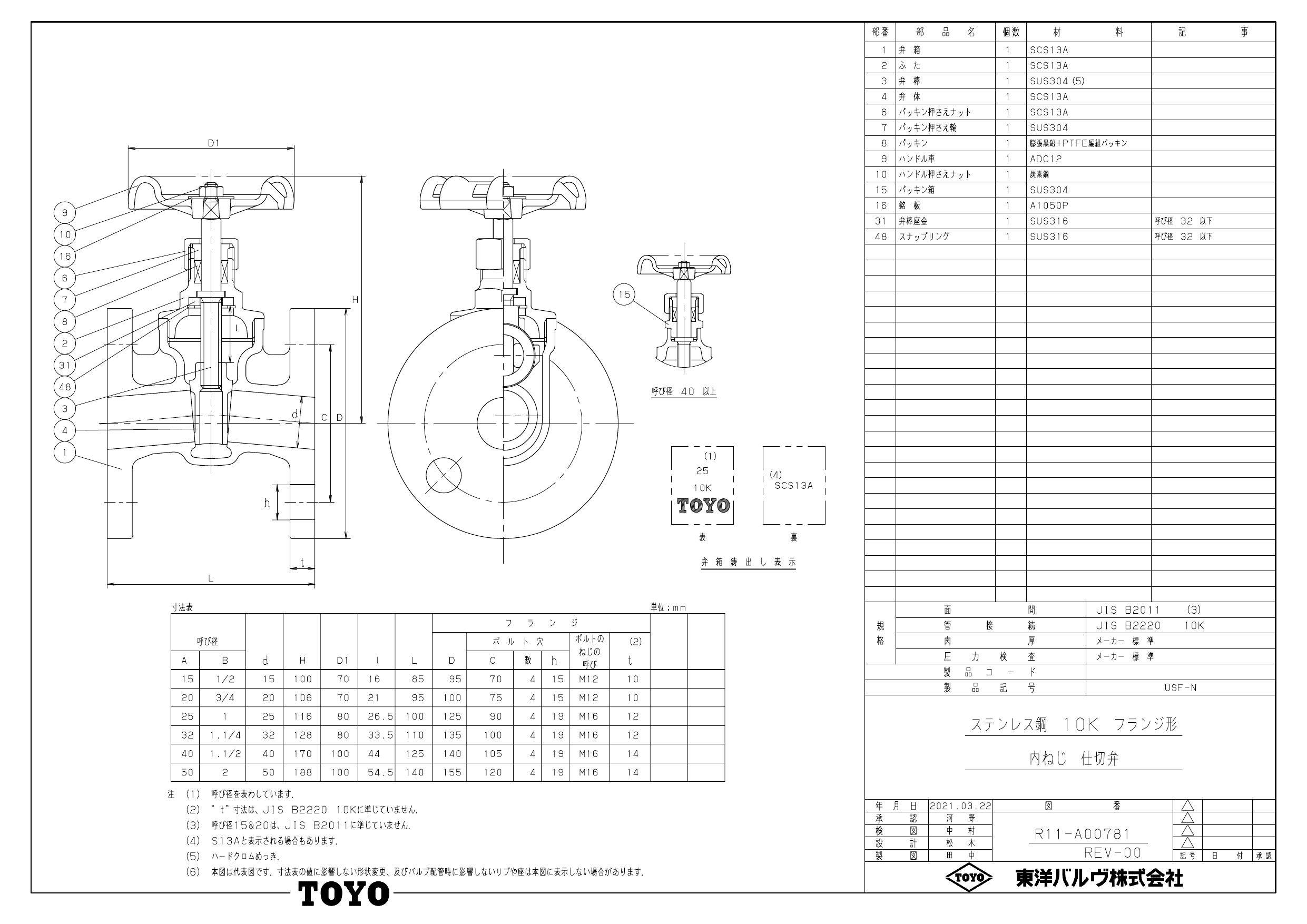 東洋バルヴ USF-N 50A USF-N SCS13ゲート弁【フランジ･JV8-1適合品】 50A 配管部材 ステンレス Uシリーズ(B ...