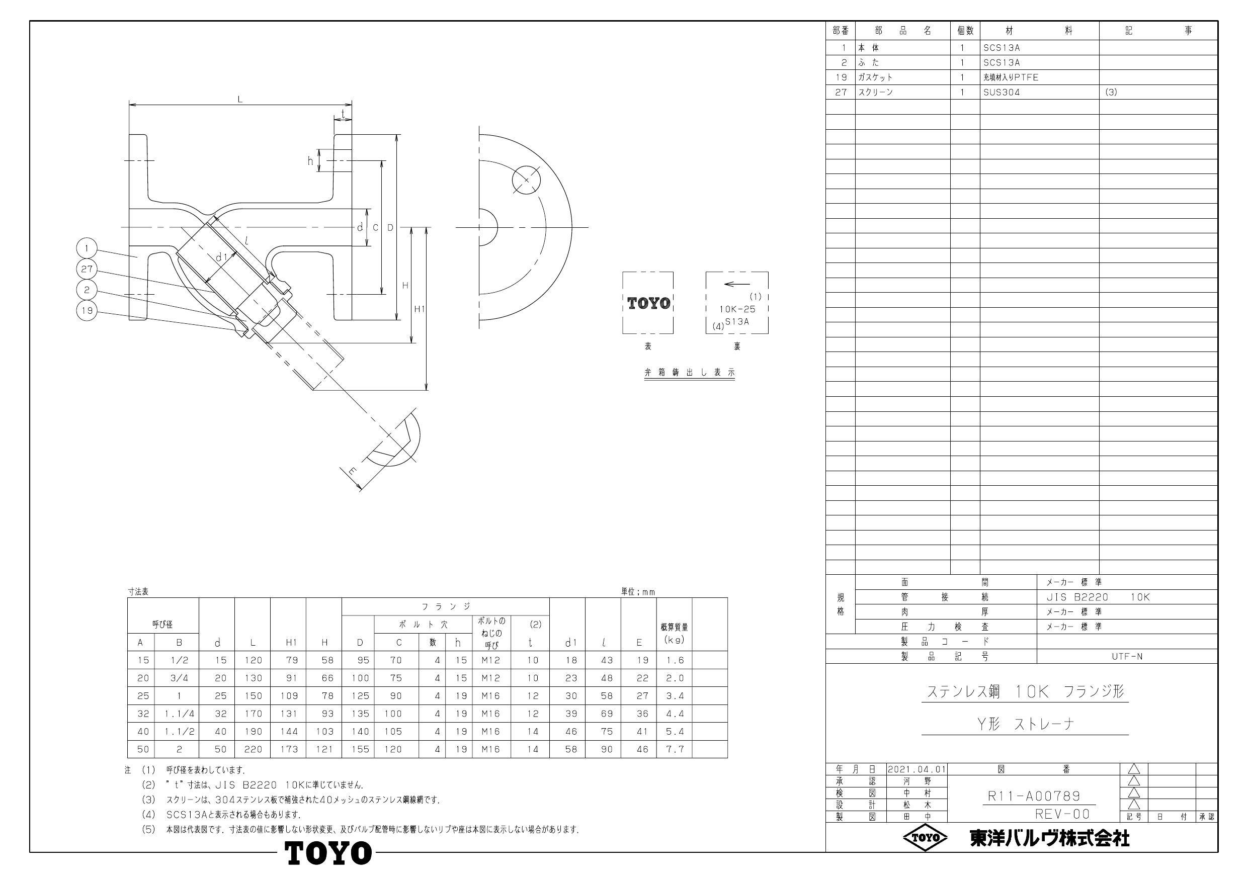 東洋バルヴ UTF-N 40A UTF-N SCS13 Y形ストレーナ【フランジ･JV8-2適合品】 標準40メッシュ 40A 配管部材 ...