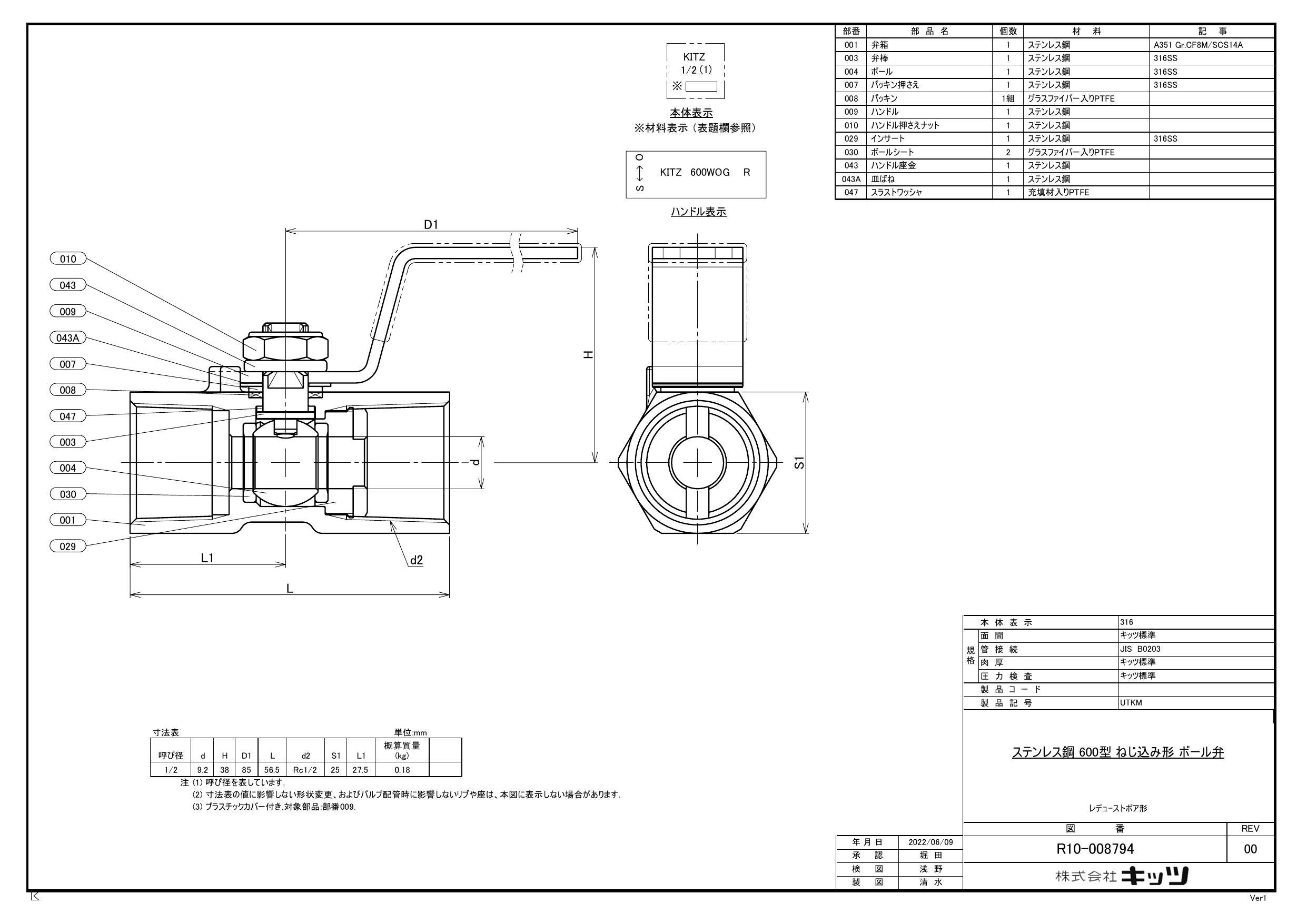 キッツ UTKM 15A UTKM SCS14A ネジ込ボール弁 15A 配管部材 SUS ねじ込ボール弁 UTK型 00000320586 ...