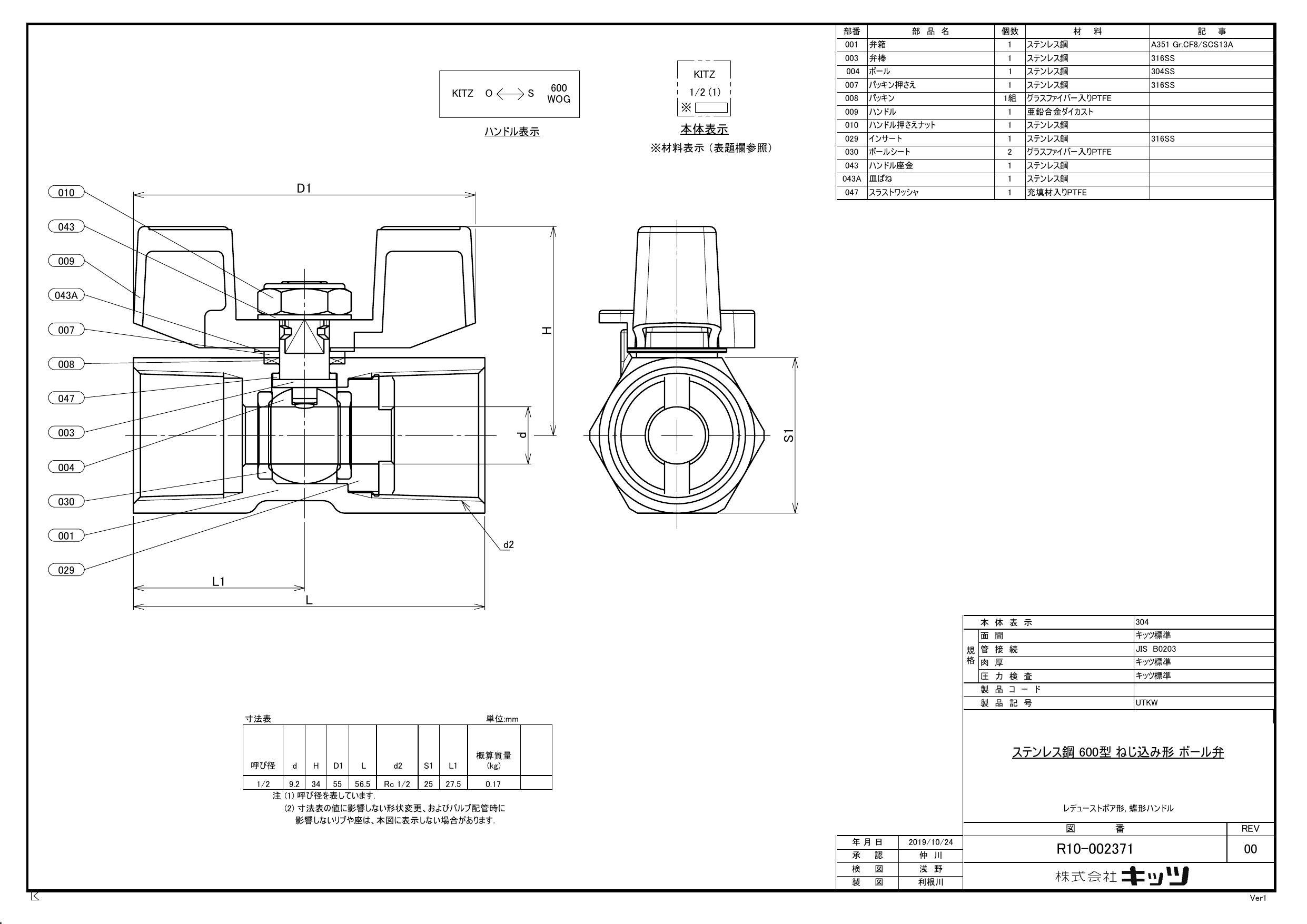 キッツ UTKW 15A UTKW SCS13A ネジ込ボール弁【蝶形ハンドル】 15A 配管部材 SUS ねじ込ボール弁 UTK型 ...