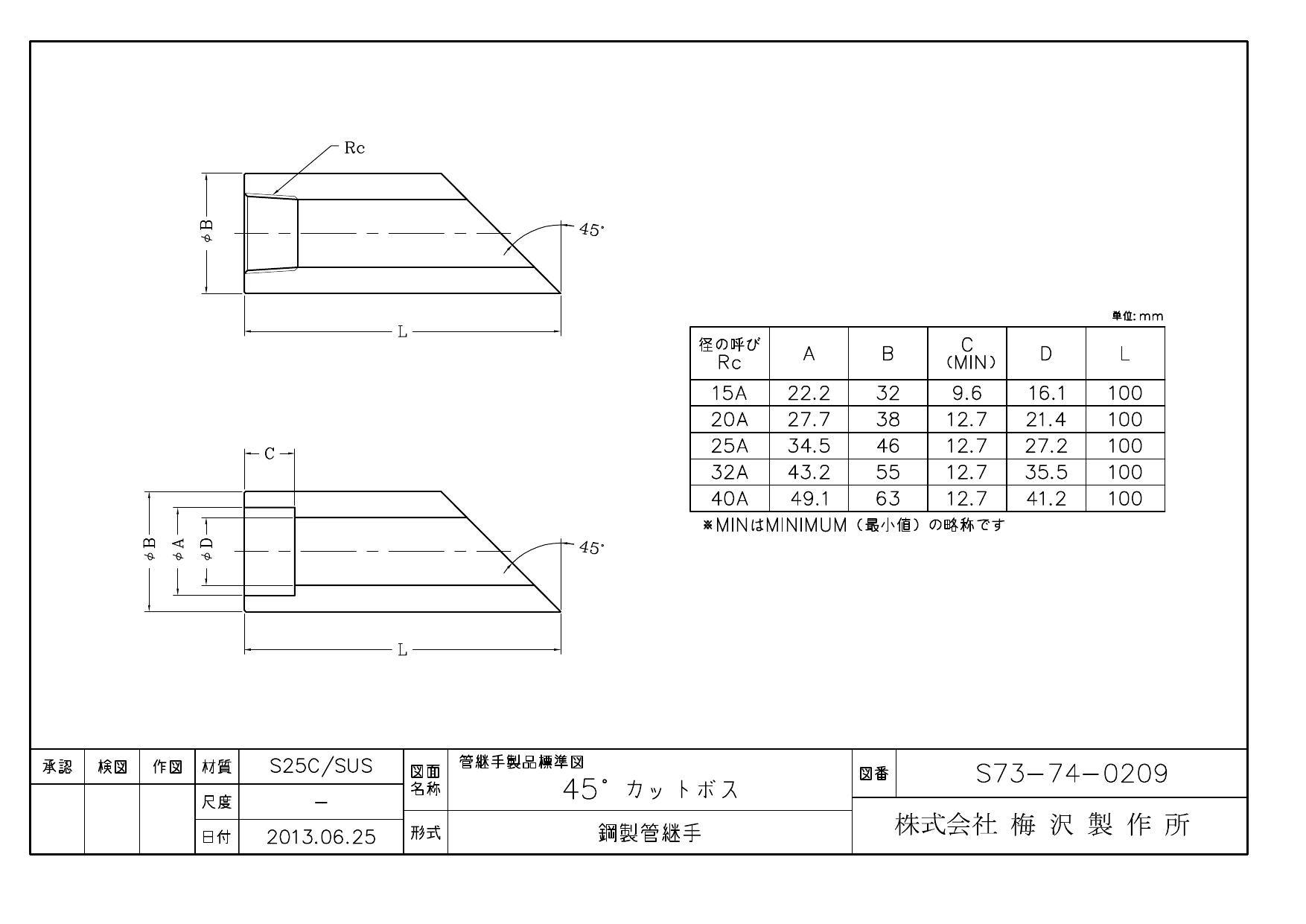 梅沢製作所 白 S25CPT-45BH S25C ネジ込 高圧 45°カットボス 20A 配管部材 高圧鍛造継手(カーボンメッキ ...