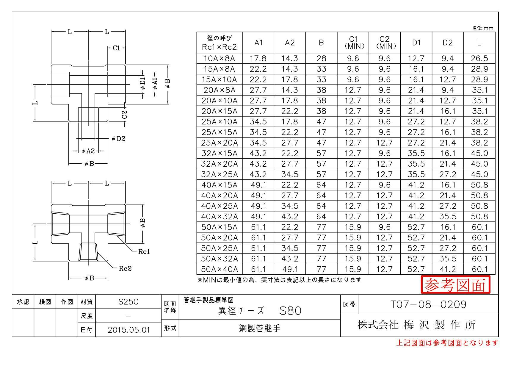 梅沢製作所 白 S25C ネジ込 高圧 異径チーズ 32AX20A 配管部材 高圧鍛造継手(カーボンメッキ) 00000865152(CDC ...