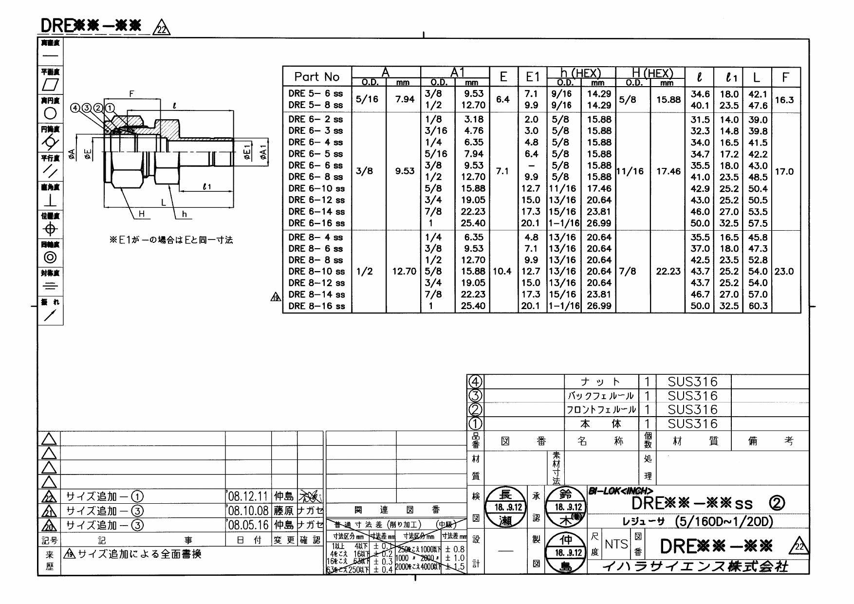 イハラサイエンス DRE8-12SS レデューサ 1/2ODx3/4OD (207632) 配管部材 ダブルフェルールタイプ チューブ継手 ...